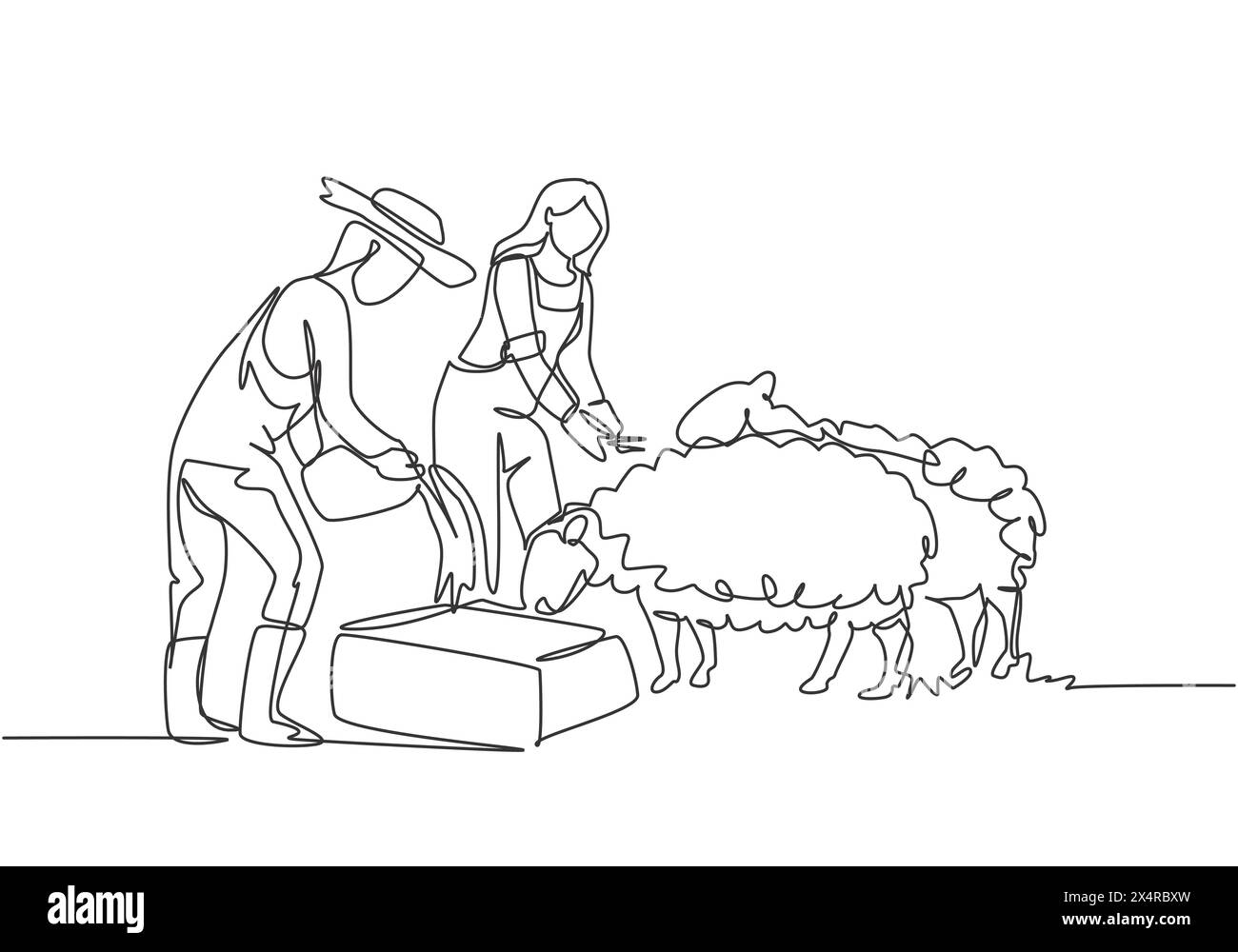 Continuous one line drawing couple farmer are feeding the sheep so that ...