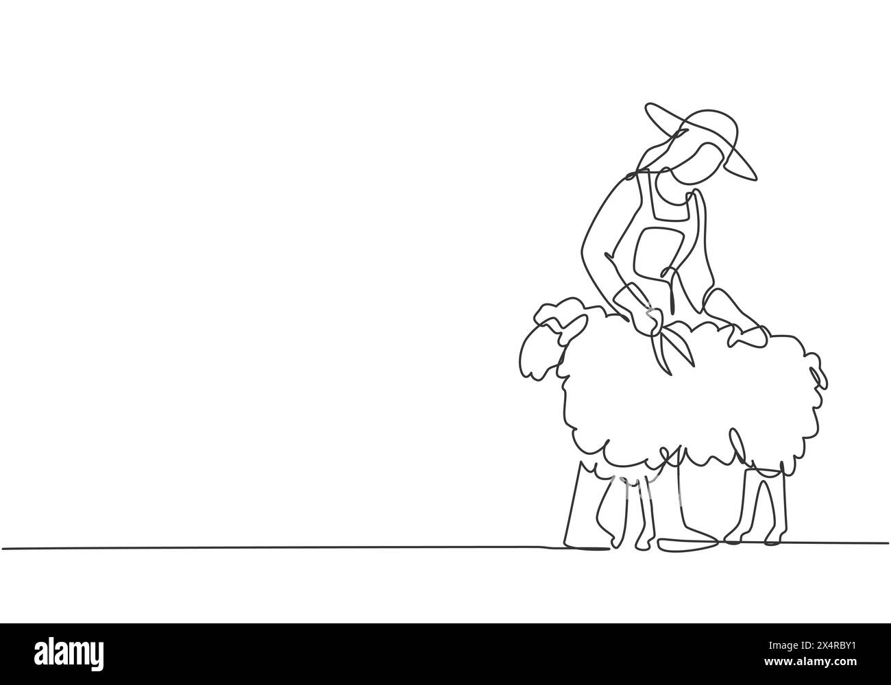 Single one line drawing of young female farmer was carefully shearing ...