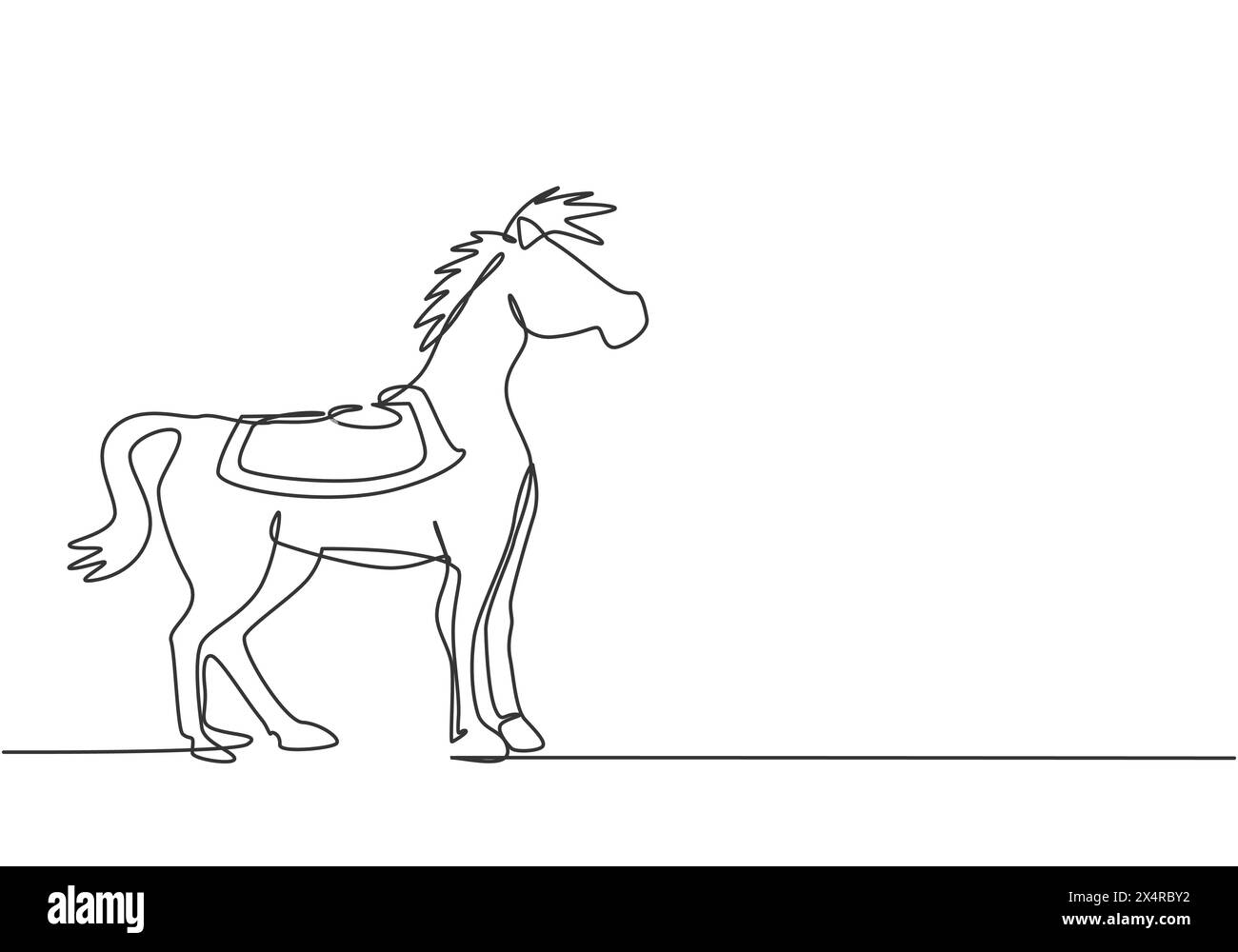 Single continuous line drawing a circus horse stands on the show arena ...