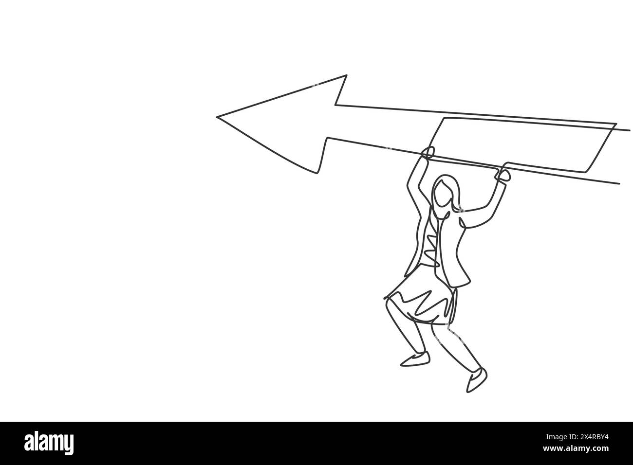 Single continuous line drawing young business woman hanging on up arrow ...