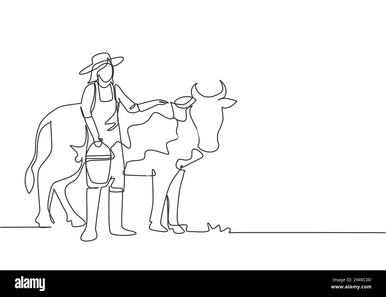 Single one line drawing of young female farmer rubbing the cow while ...