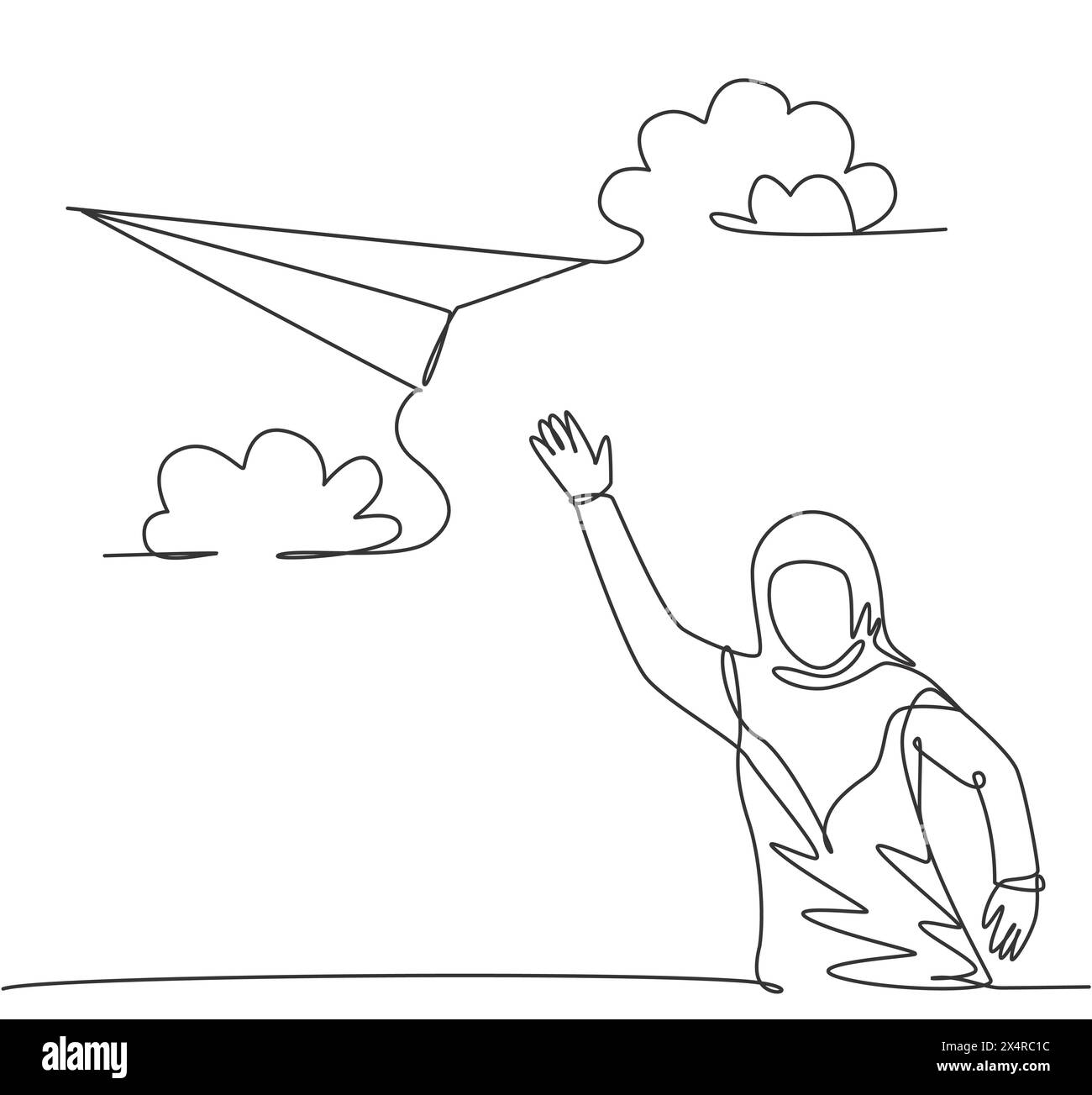 Single continuous line drawing young Arab business woman waving hand to ...