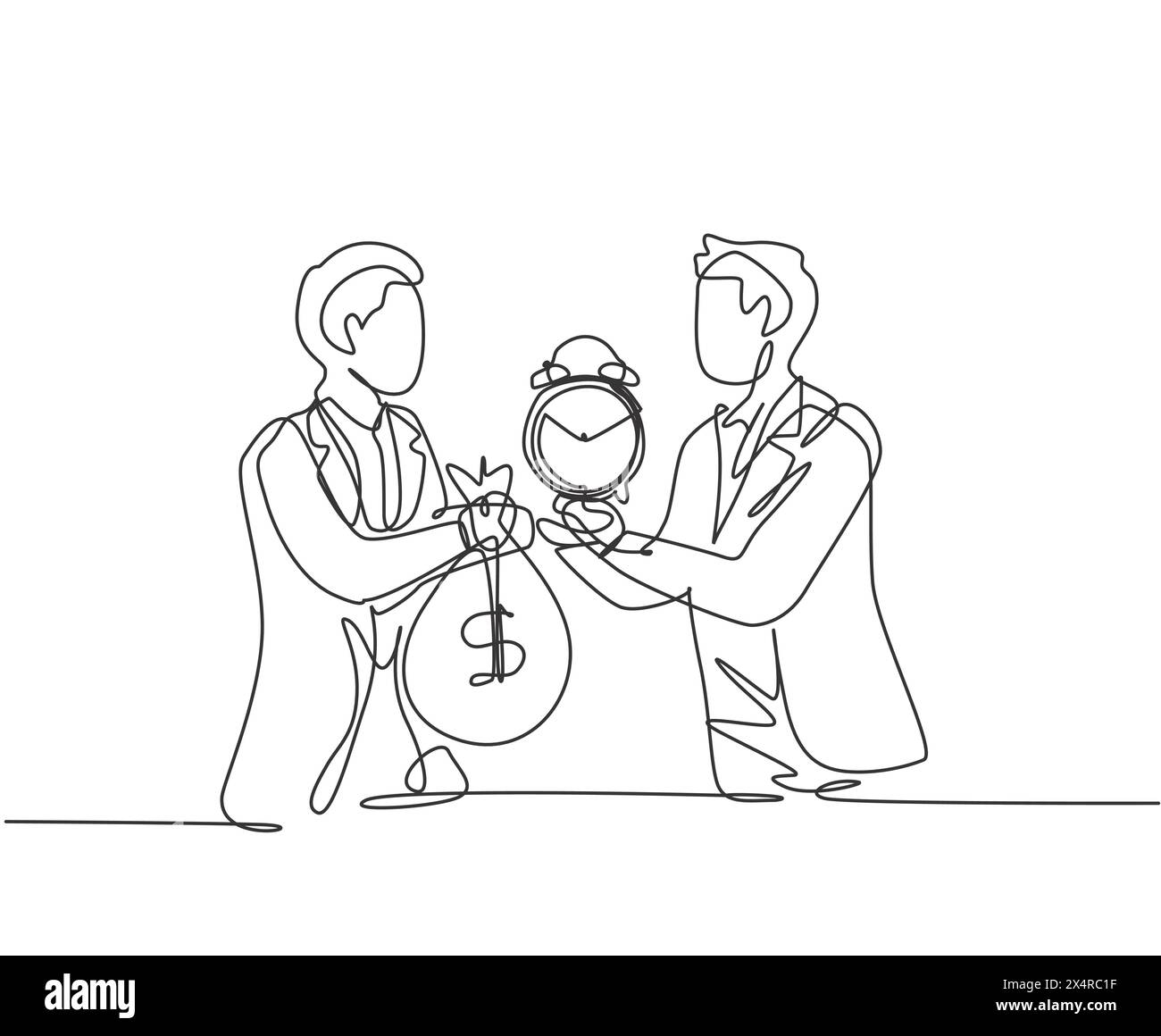 Continuous one line drawing of two young male workers exchange money ...