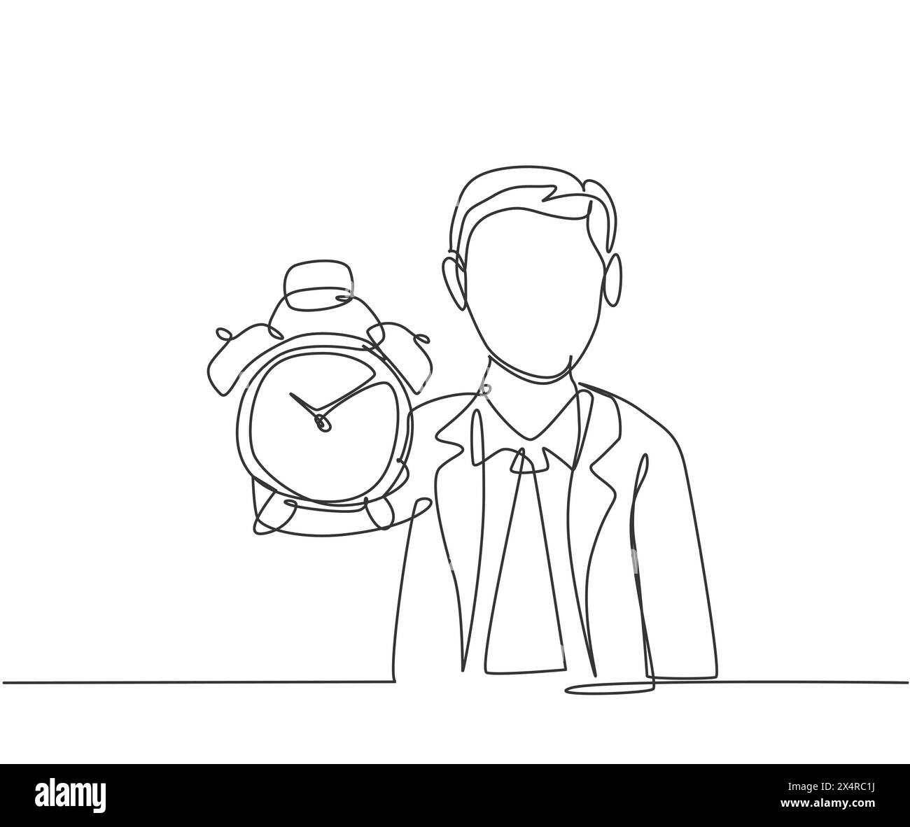 Continuous one line drawing young male worker holding analog alarm ...