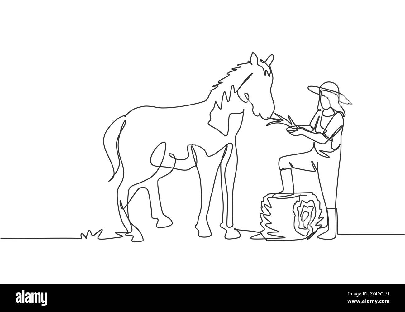 Single continuous line drawing female farmer stomped one of its feet ...
