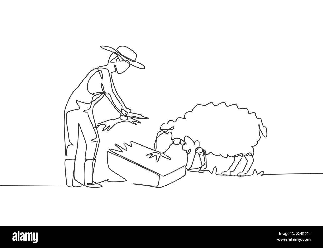 Single continuous line drawing young male farmer is feeding the sheep ...