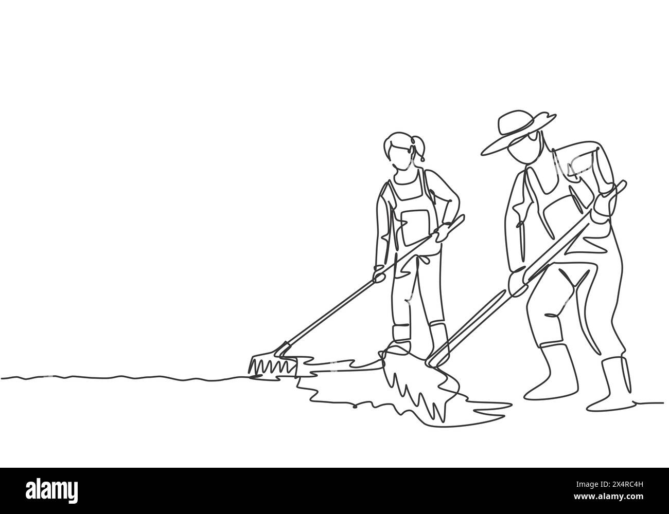 Single one line drawing of couple farmer leveling the ground using a ...