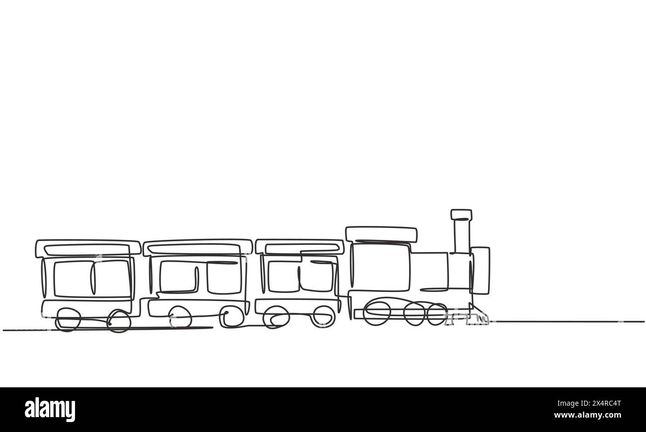 Single one line drawing of a train locomotive with three carriages in ...
