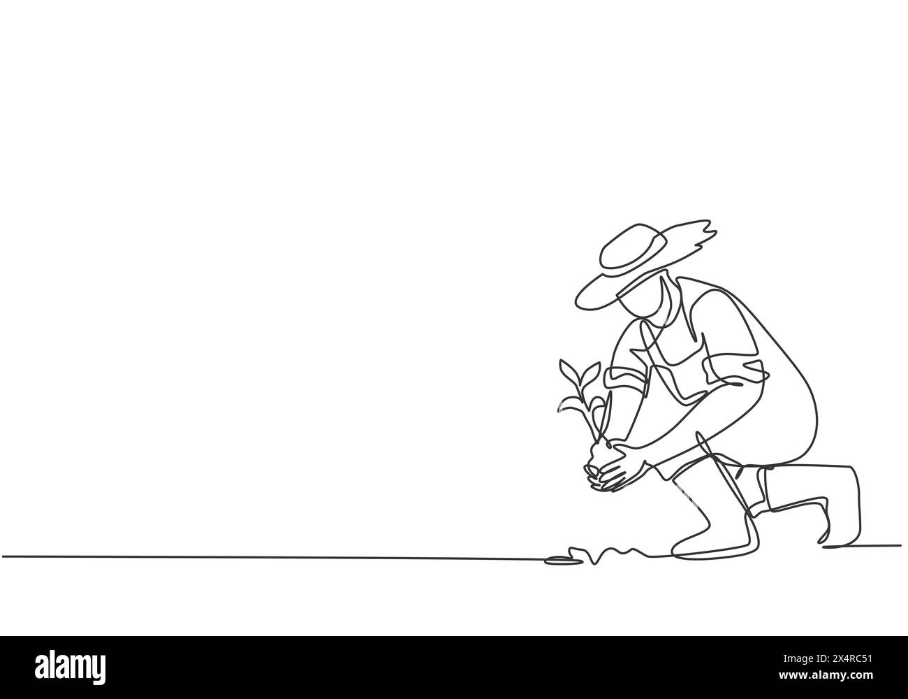 Single continuous line drawing young male farmer planting plant shoots ...