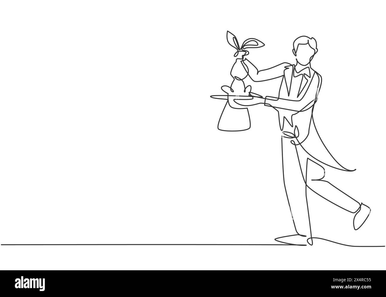 Single continuous line drawing the magician puts on a show by getting a ...