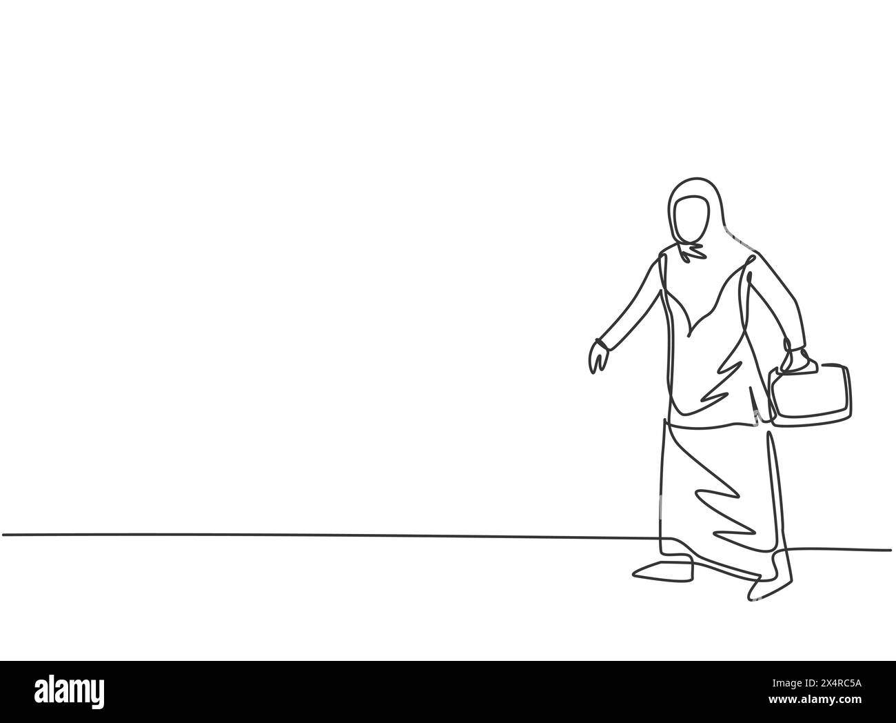 Continuous one line drawing young Arab female worker walking to the ...
