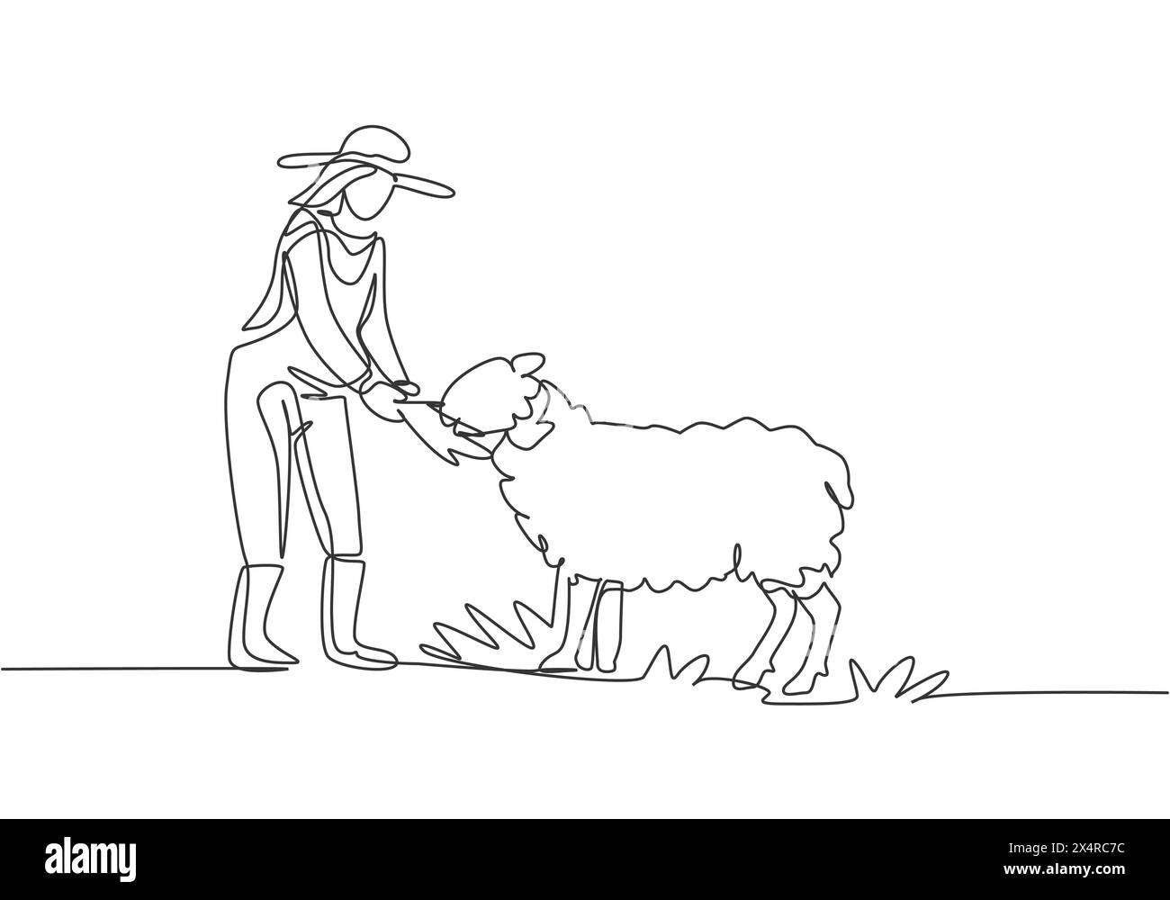 Single continuous line drawing young female farmer is feeding the sheep ...