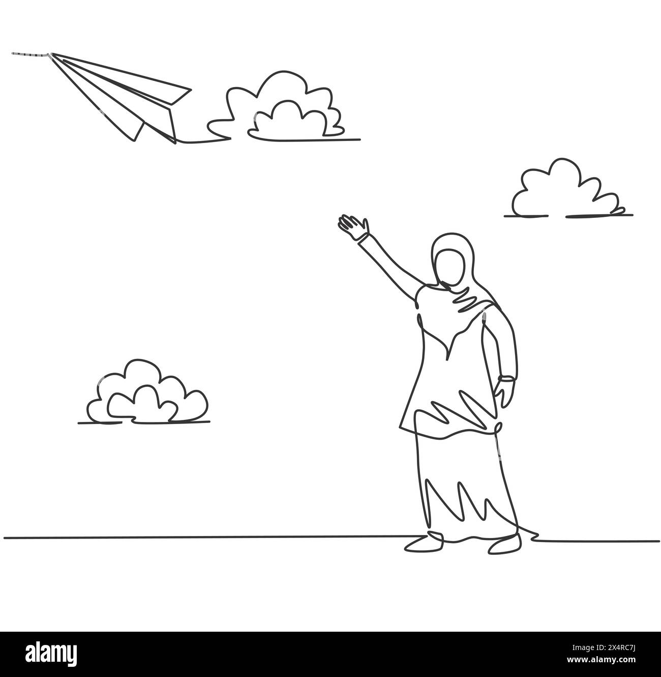 Single continuous line drawing young Arab business woman waving hand to ...