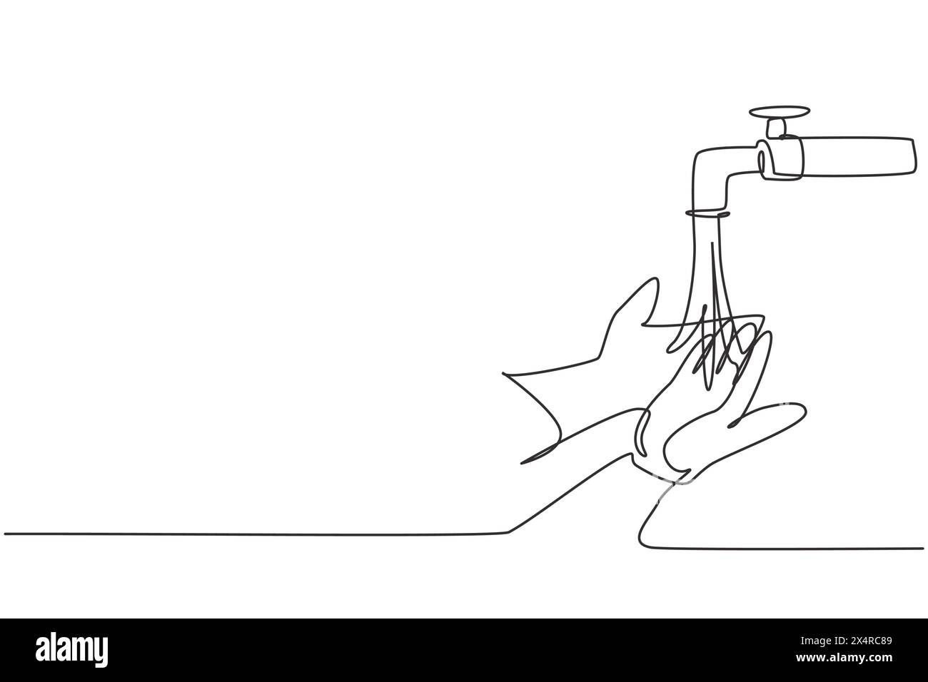 Single one line drawing of washing hands with clean water spilled from ...