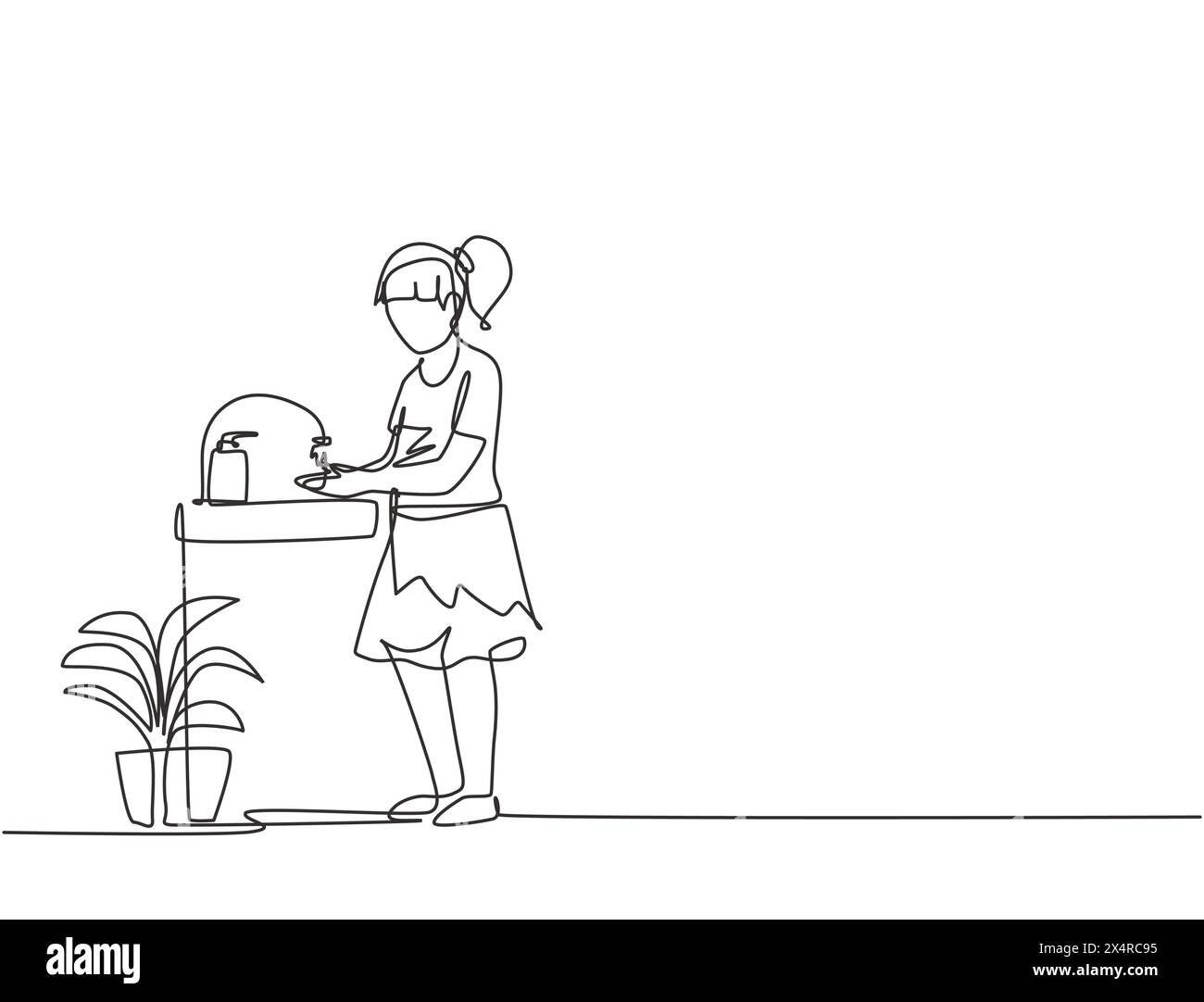 Single continuous line drawing a girl washes her hands in the sink ...