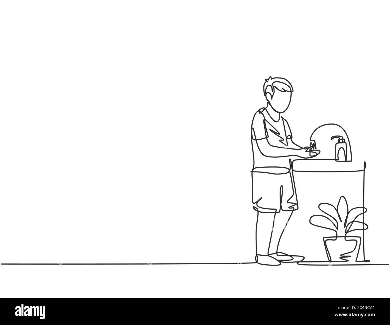 Continuous one line drawing a boy washes his hands in the sink, there ...