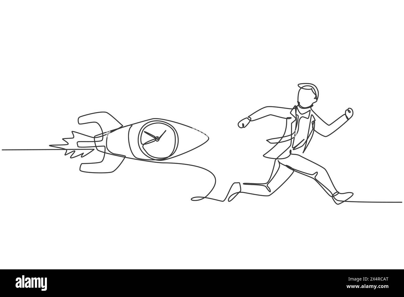Continuous one line drawing young male worker chased by flying rocket ...