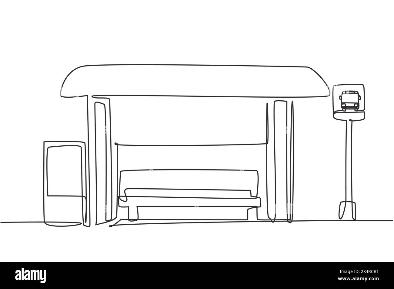 Single one line drawing of bus stops with shelter, simple bus signs and ...