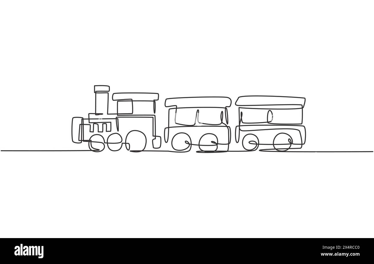 Single continuous line drawing of a locomotive train with two carriages ...