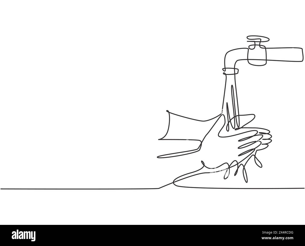 Continuous one line drawing of washing hands with clean water spilled ...