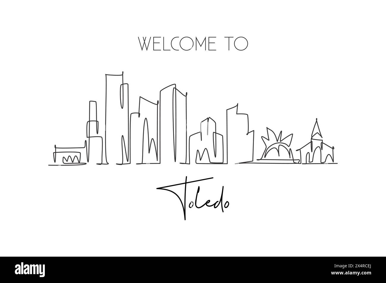 Single continuous line drawing of Toledo city skyline, Ohio. Famous ...