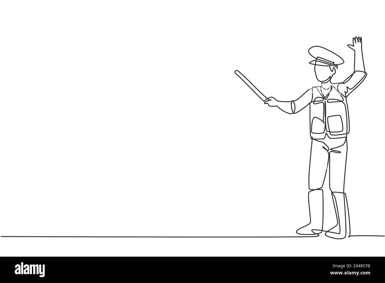 Single one line drawing of a policeman in full uniform and using a ...