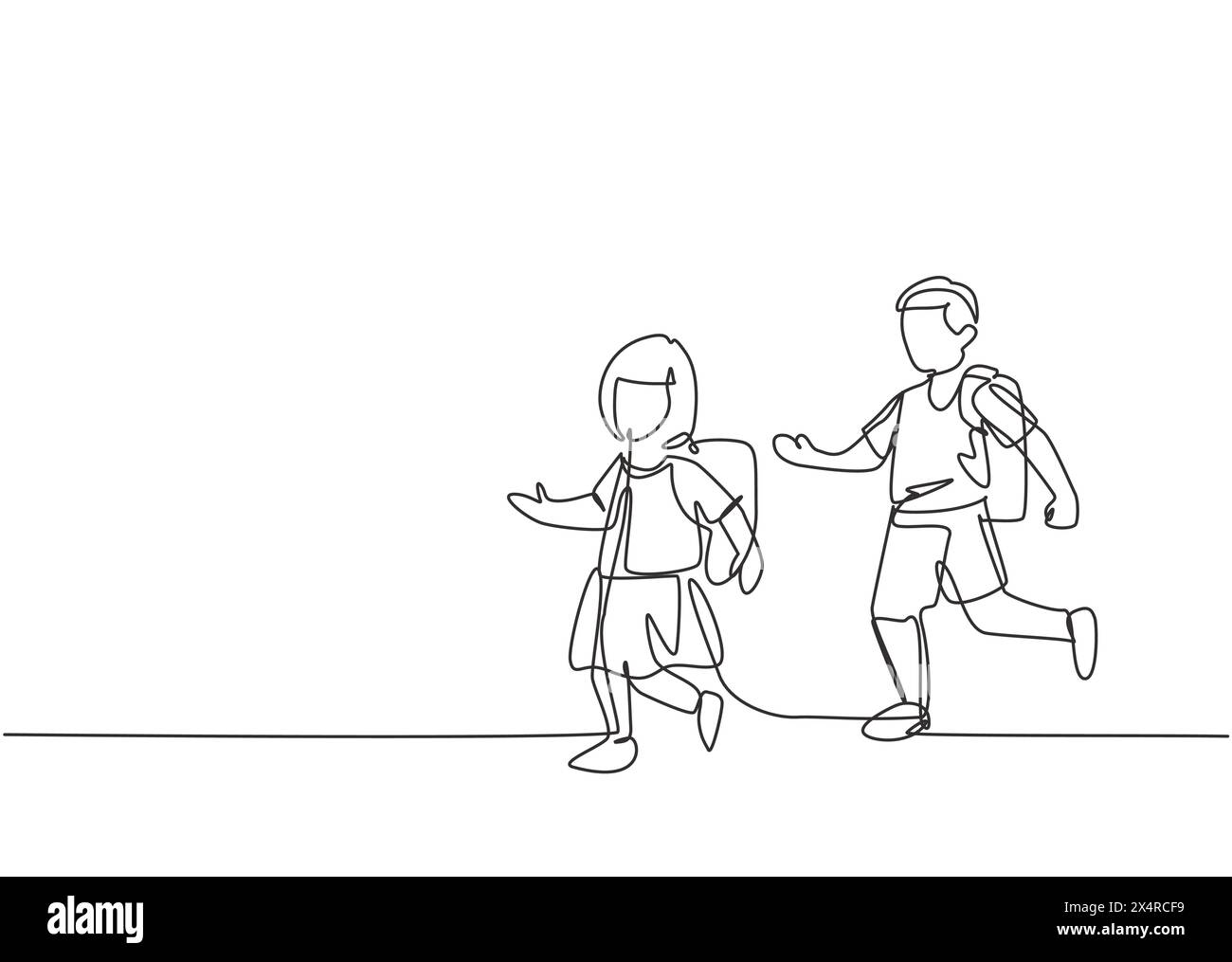 Single continuous line drawing elementary school students both boys and ...