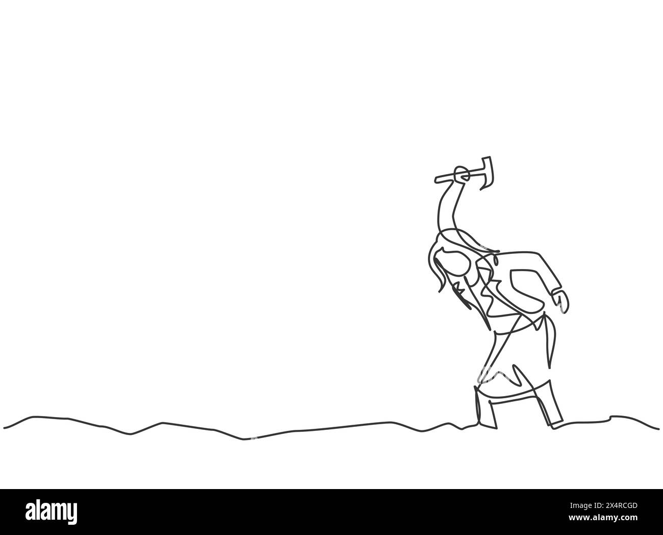 Continuous one line drawing young woman worker digging treasure on the ...