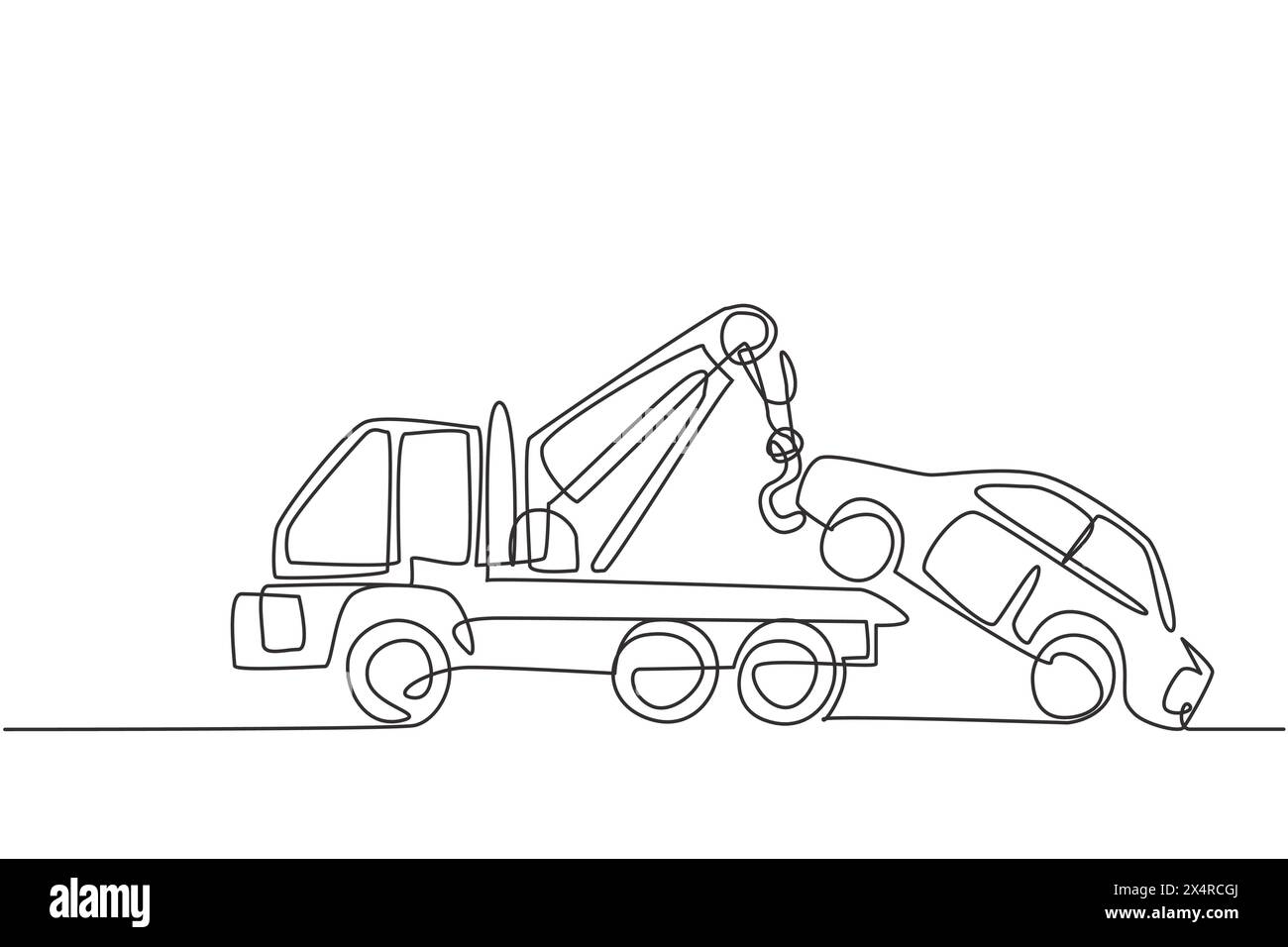 Continuous one line drawing tow truck is lifting the broken car to be ...