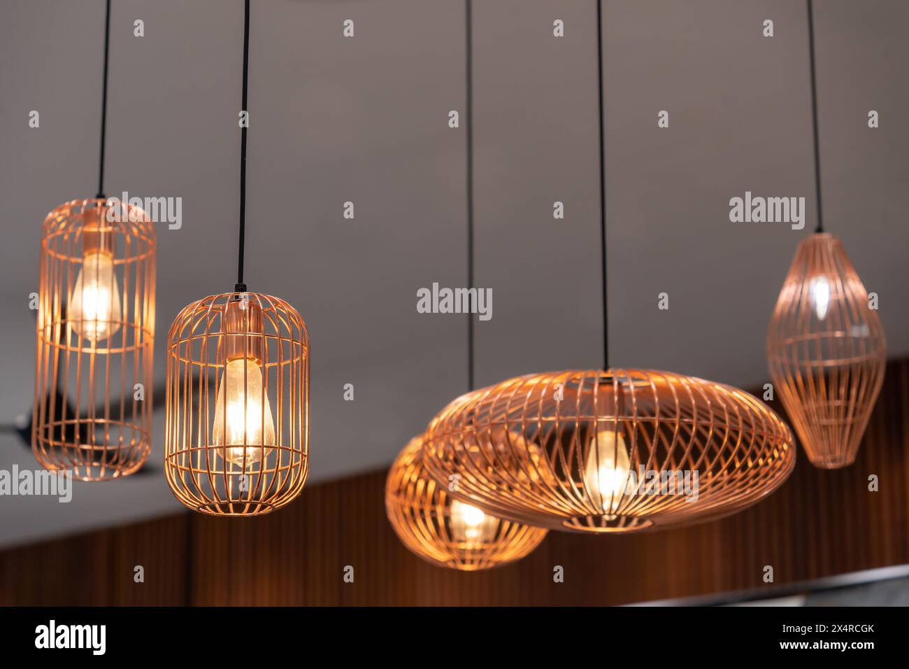 Different types of shape pendants light hanging on the ceiling Stock ...