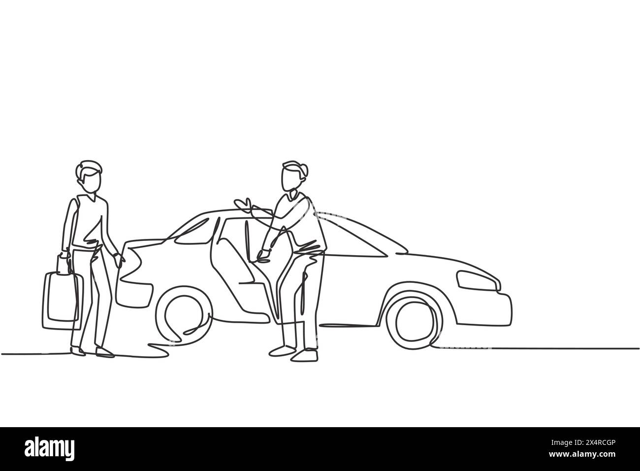 Single one line drawing of male taxi drivers are inviting prospective ...