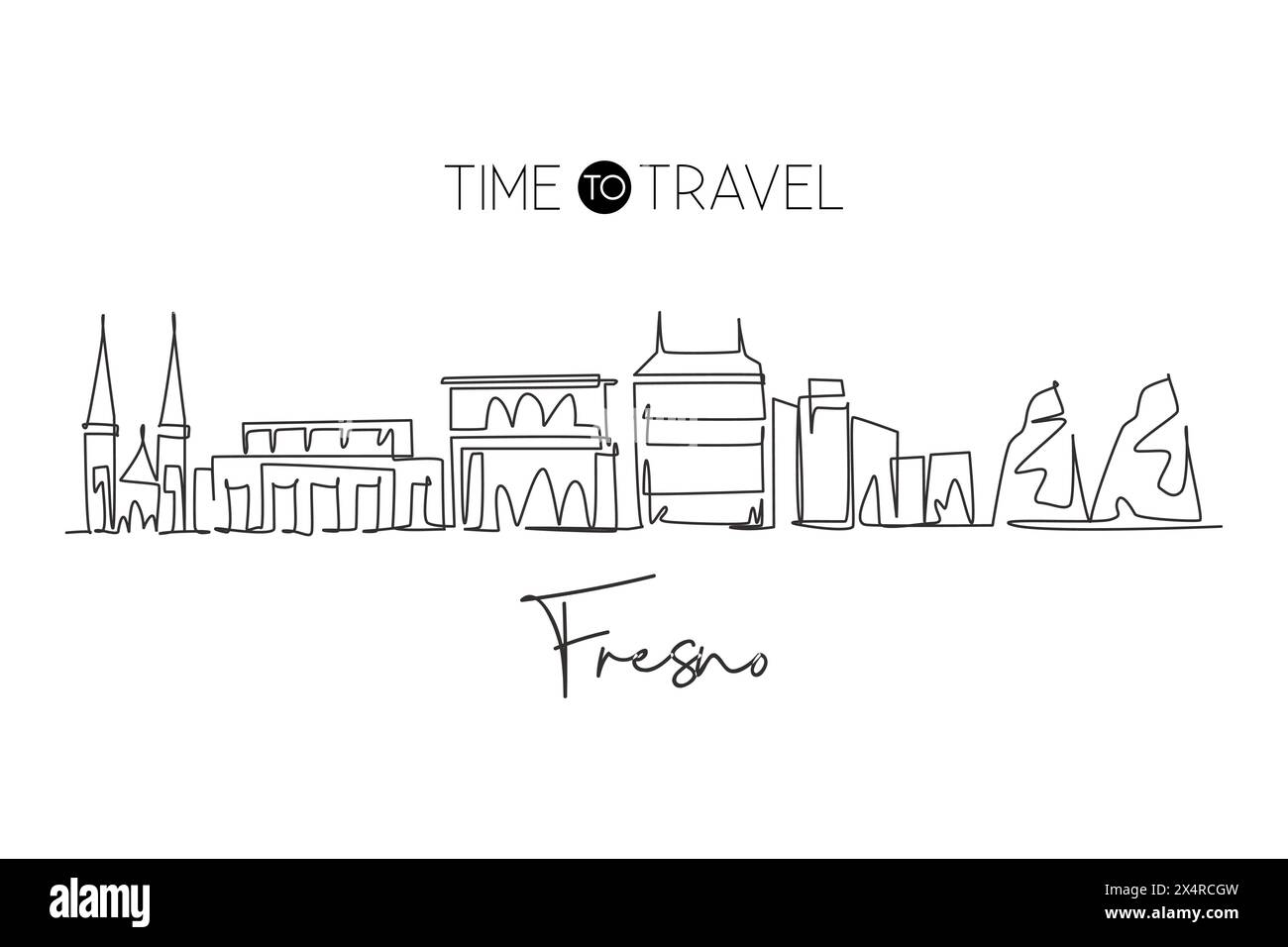 One single line drawing of Fresno city skyline, California. Town ...