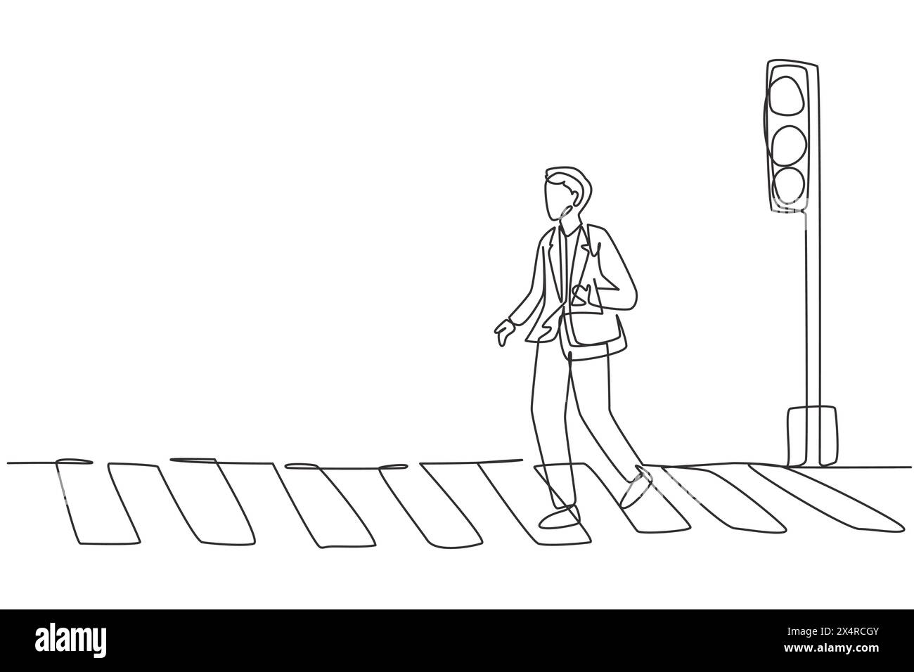 Continuous one line drawing a male worker crosses the road on the zebra ...