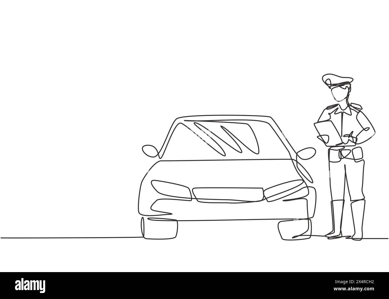 Single continuous line drawing policeman with uniform is ticketing a ...