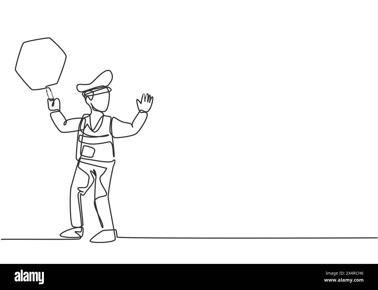 Continuous one line drawing policeman in full uniform and lifting ...