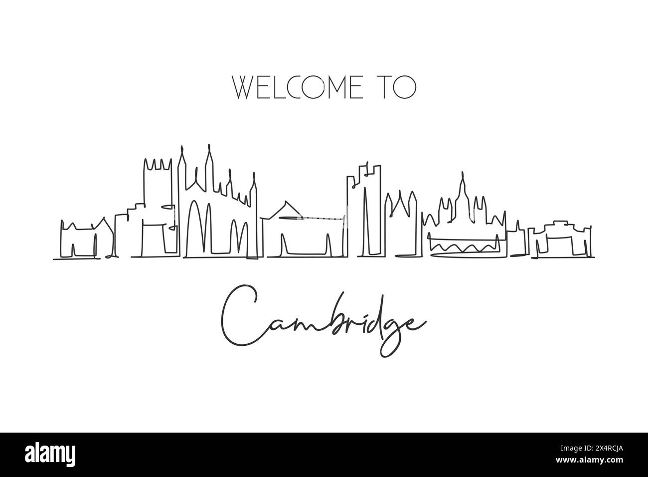 Single continuous line drawing of Cambridge city skyline, England ...