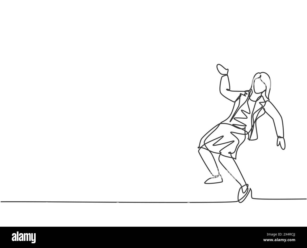 Single continuous line drawing young business woman dancing on the ...