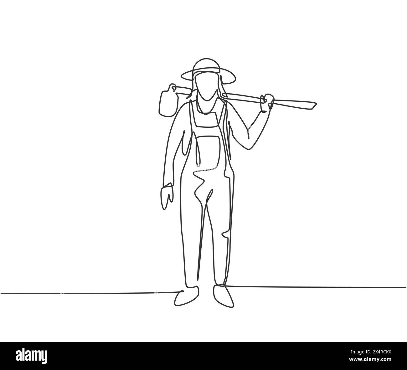 Continuous one line drawing young female farmer carried hoes on his ...