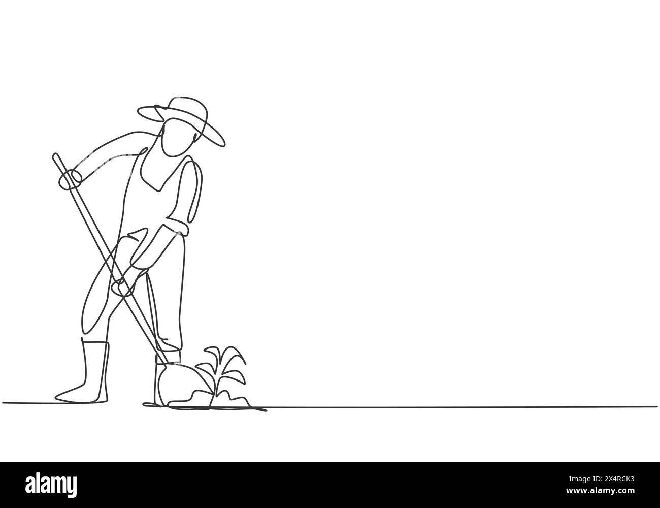 Single one line drawing of young male farmer shoveled the soil with the ...