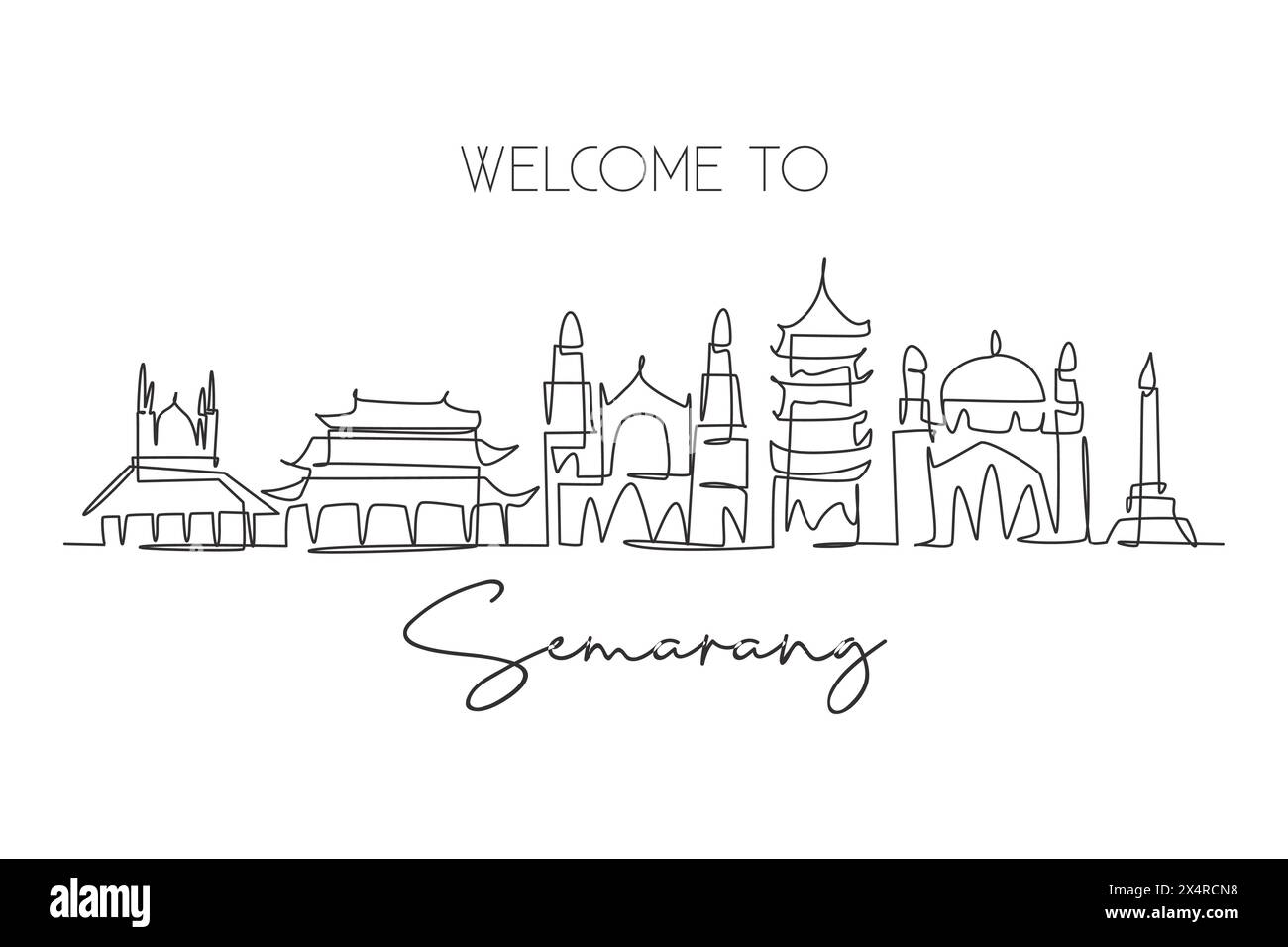 Single continuous line drawing of Semarang city skyline, Central Java ...