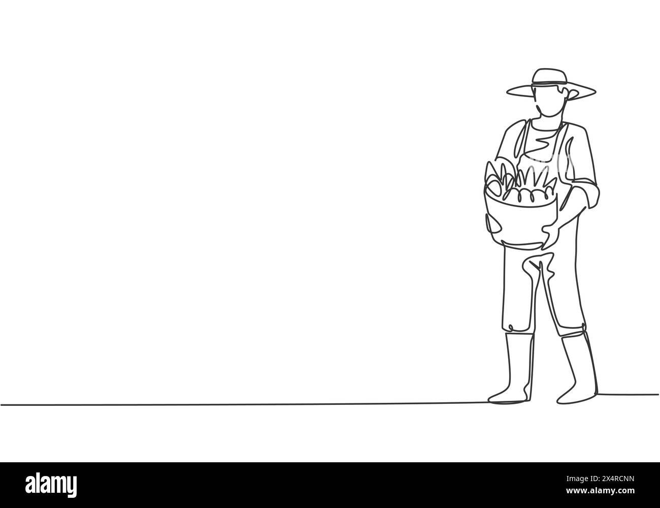 Continuous one line drawing young male farmer carrying a basket full of ...