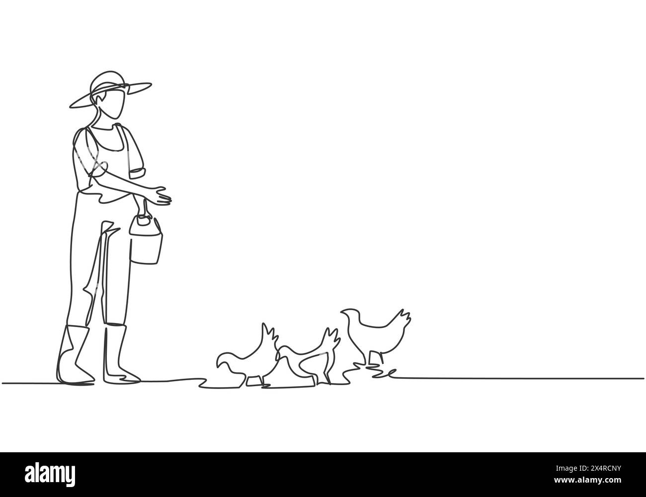 Continuous one line drawing young male farmer is feeding the chickens ...
