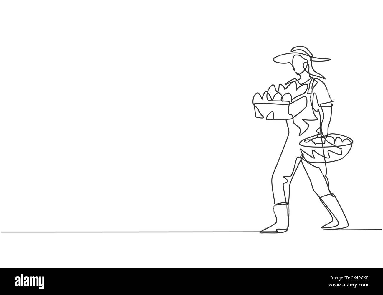 Continuous one line drawing young female farmer carrying boxes and ...