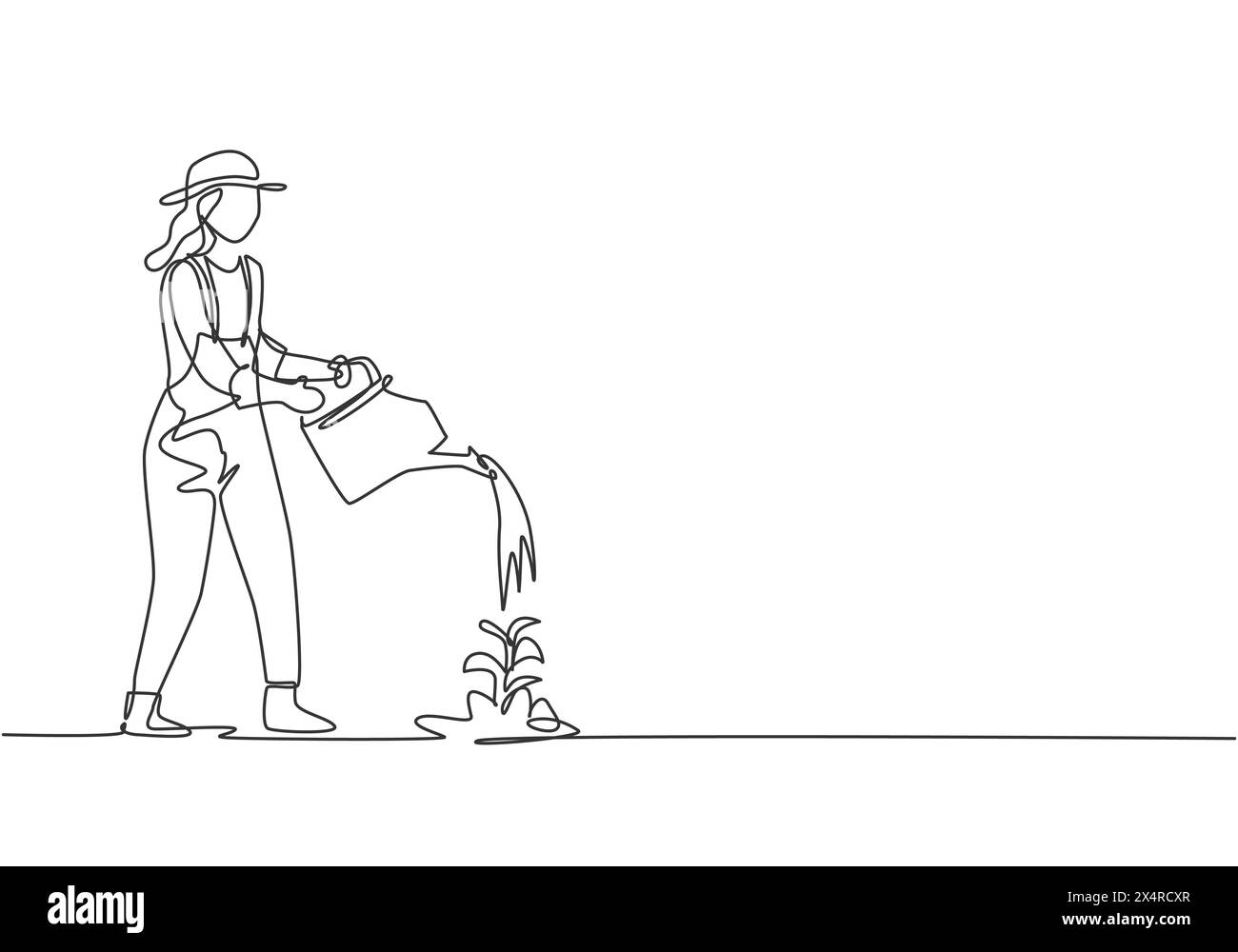 Single continuous line drawing young female farmer water the plants ...