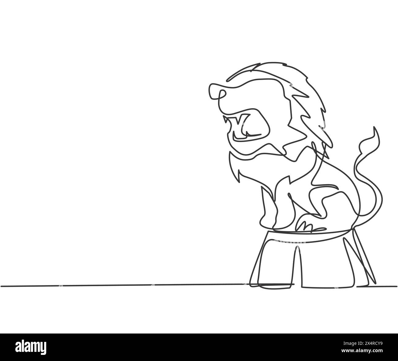 Continuous one line drawing a lion stands on the circus chair, roaring ...