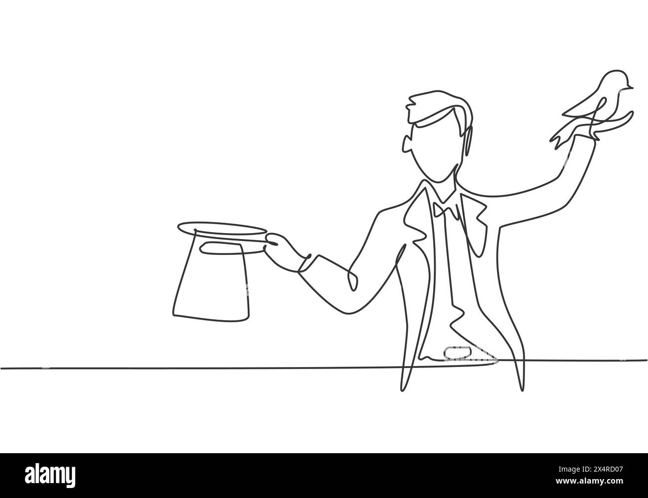 Single continuous line drawing the magician puts on a show by getting a ...