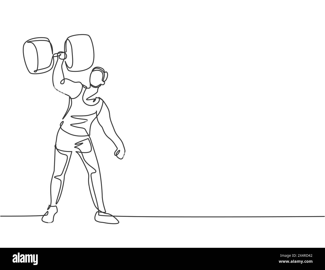 Single continuous line drawing strong people lift large dumbbells with ...