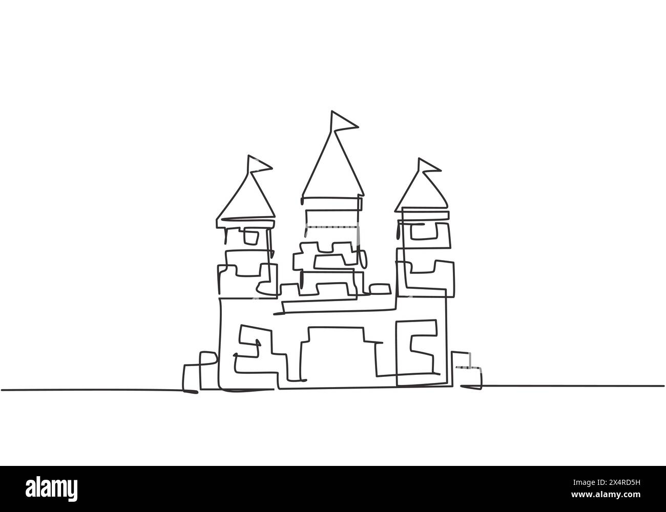 Single continuous line drawing a castle in an amusement park with three ...