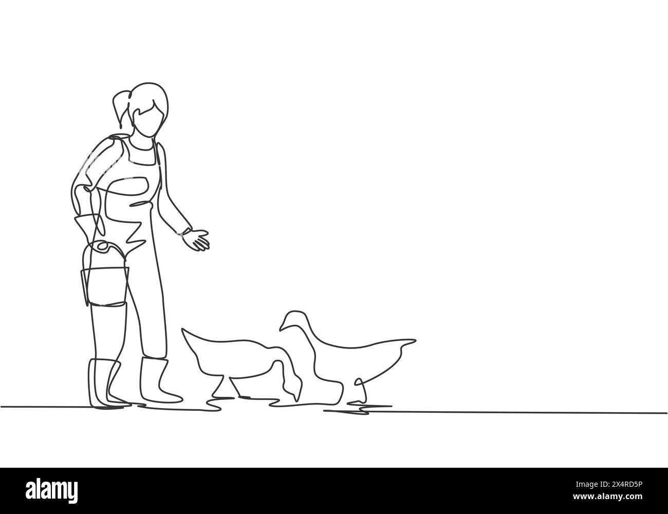 Single continuous line drawing young female farmer feeding the geese to ...