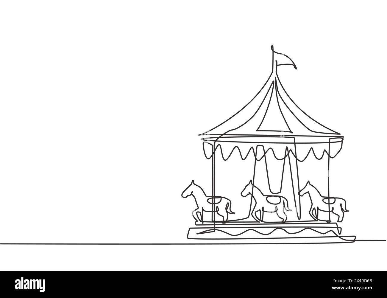 Single continuous line drawing of a horse carousel in an amusement park ...